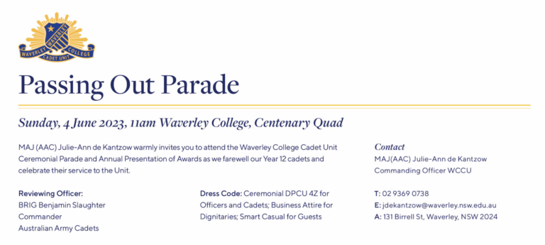 St Catherine's Cadets and Passing Out Parade Invitation - Waverley College